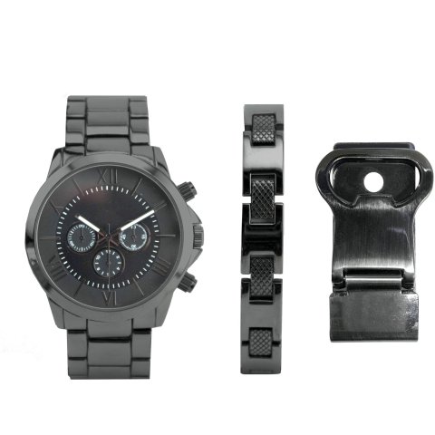 Men's Gunmetal Watch Set with Bracelet and Bottle Opener/Money Clip