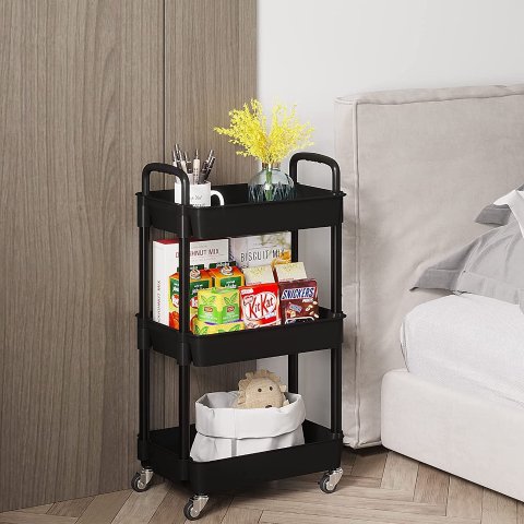 3-Tier Utility Rolling Plastic Storage Cart Trolley with Lockable ...
