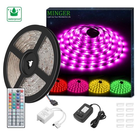 MINGER Waterproof 16.4ft RGB Color Changing LED Strip Light Full Kit