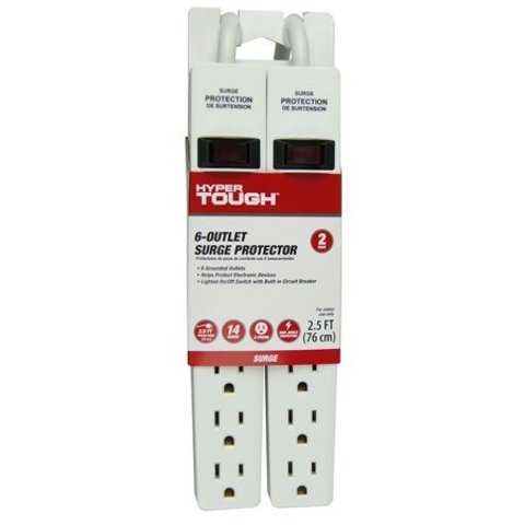 Walmart Hyper Tough 2 Pack 6-Outlet 2.5FT Surge Protector, White 9.97
