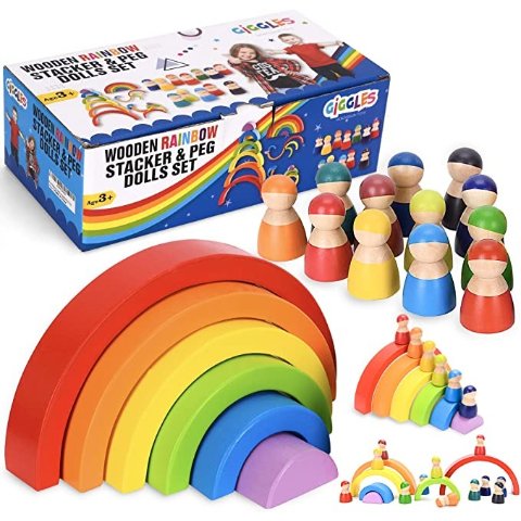 Wooden Rainbow Stacking Toy Playset – 6 Colorful Stacking Blocks & 12 ...