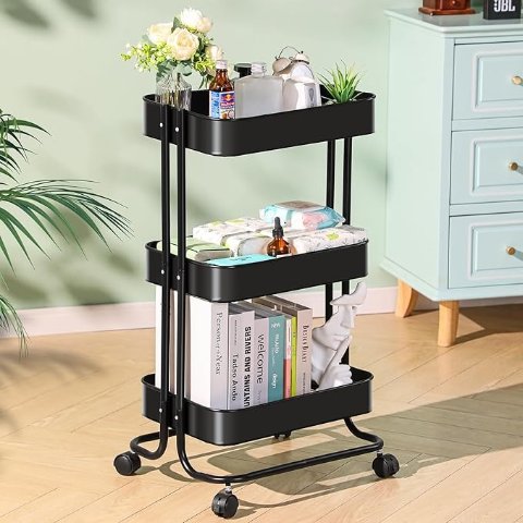 3-Tier Metal Rolling Utility Carts with Wheels,Heavy-Duty Storage ...