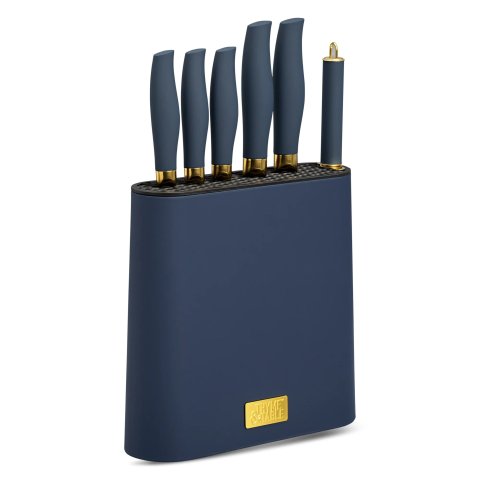 7-Piece Slim Block Knife Set with Gold Blades and Blue Block 厨房刀具7件套 ...