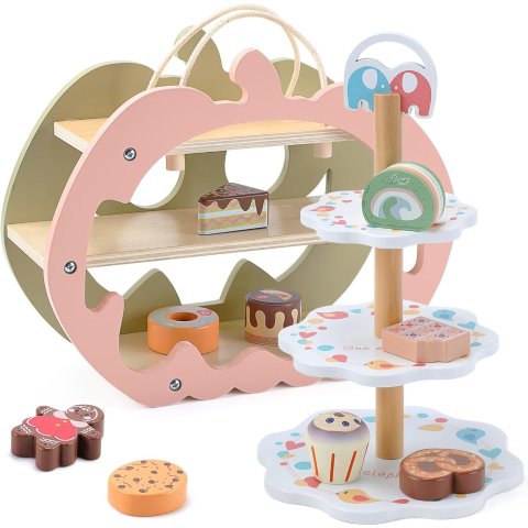 CUTE STONE Wooden Toy Tea Party Set, Kids Dessert Playset with Double-Sided Holiday Stand ...